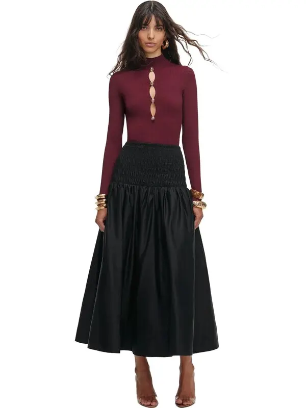 SELF-PORTRAIT Ribbed Knit High Neck Top With Gold Button Detail - Rosso