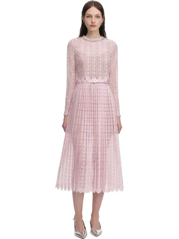 SELF-PORTRAIT Striped Floral Lace Mini Dress With Rhinestone Trim And Removable Belt - Rosa