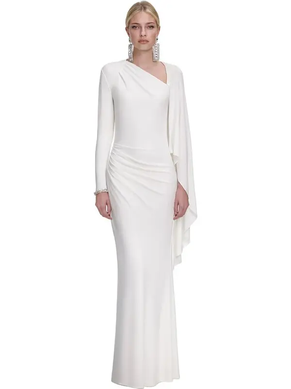 SELF-PORTRAIT Asymmetrical Neckline Long Sleeve Gown With Mermaid Hem - Bianco