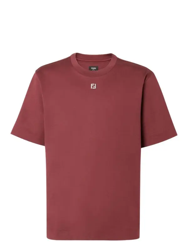 Fendi Regular-fit Cotton T-shirt With Crew Neck And Mini Ff Metal Applique - Rosso