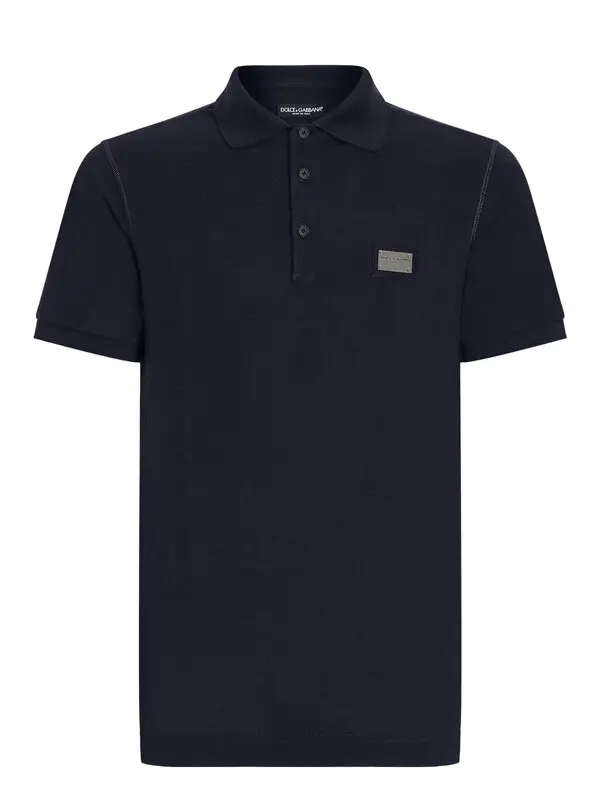 Dolce & Gabbana Cotton Polo Shirt With Front Buttons And Logo Metal Plaque - Blu