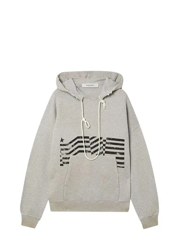 GOLDEN GOOSE Drawstring Hoodie With Distressed Finish And Front Print - Grigio