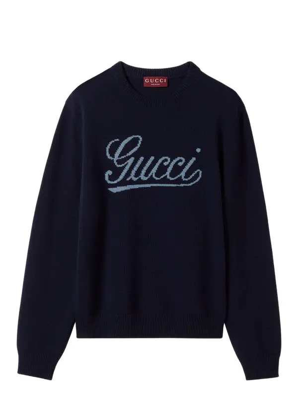 Gucci Ribbed Wool Crewneck Sweatshirt With Intarsia Logo - Blu