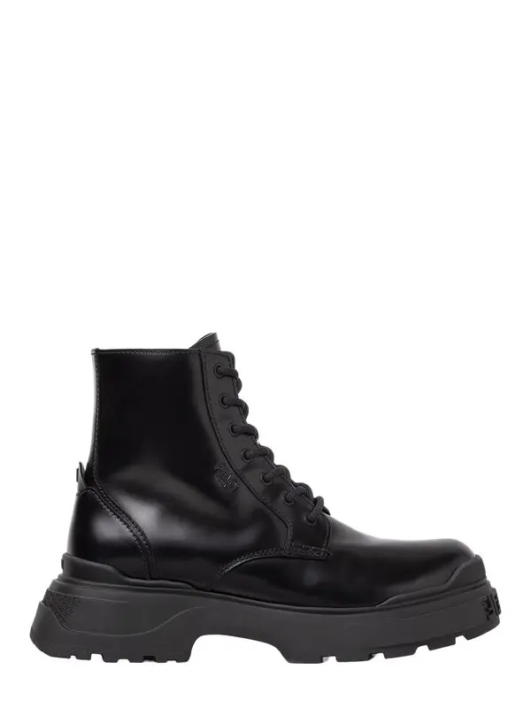 Fendi Force Light Brushed Leather Combat Boots With Side Zip And Embossed Ff Detail - Nero
