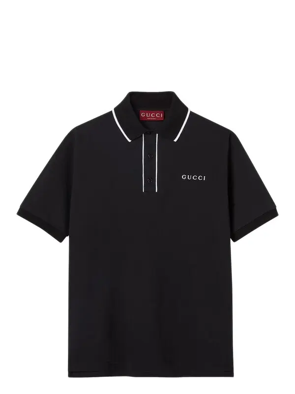 Gucci Embroidered Polo Collar Short-sleeve T-shirt With Piping Trim - Nero