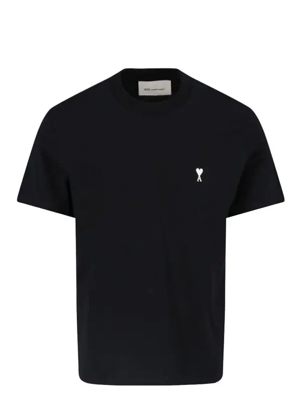 AMI Paris Cotton Crewneck T-shirt With Chest Logo - Black