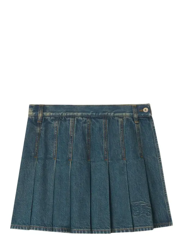 Burberry Pleated Denim Mini Skirt With Equestrian Knight Embroidery - Blu
