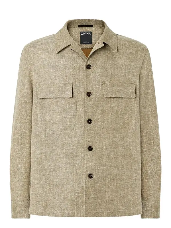Zegna Regular-fit Linen-wool-silk Button-up Shirt With Leather Details & Elbow Patches - Verde