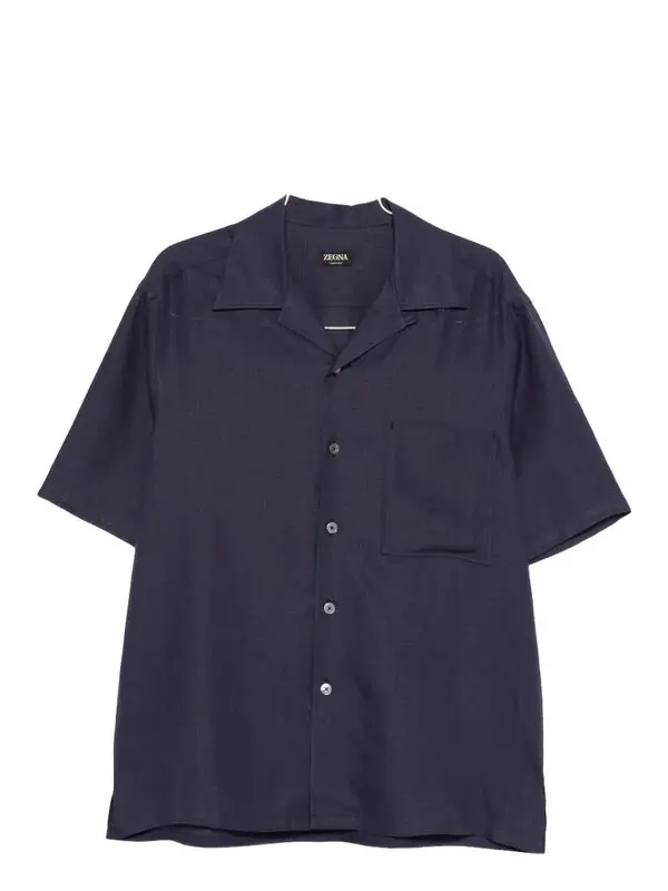 Zegna Regular Fit Linen Cuban Collar Shirt With Chest Pocket - Blu