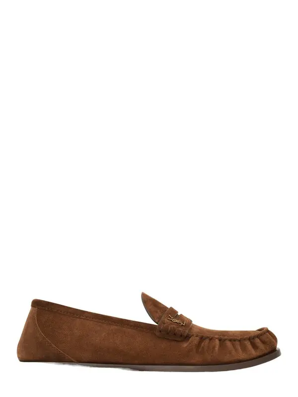 Saint Laurent Gathered Moc Toe Loafers With Gold Tone Cassandre Hardware - Marrone