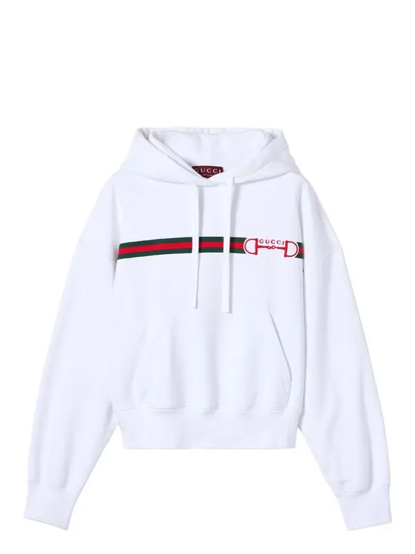 Gucci Brushed Cotton Hoodie With Web Graphic And Horsebit Embroidery - Bianco