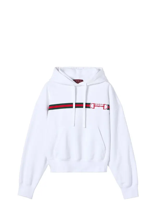 Gucci Brushed Cotton Hoodie With Web Graphic And Horsebit Embroidery - Bianco