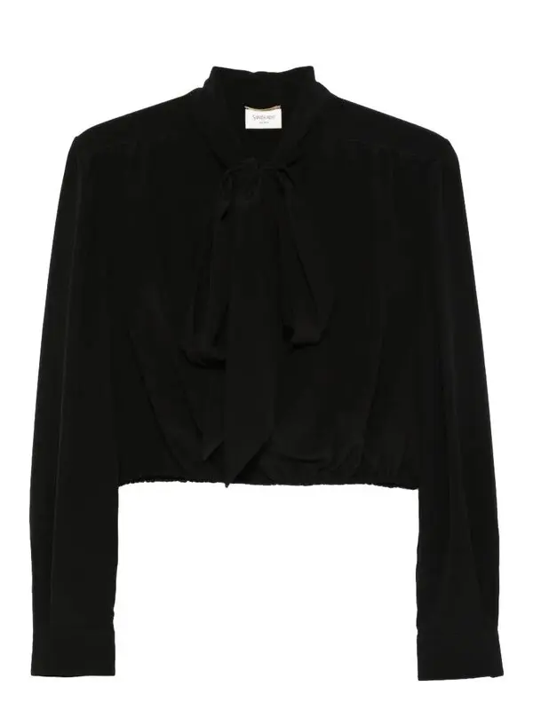 Saint Laurent Silk Lavaliere Collar Button-front Shirt With Gathered Hem - Nero