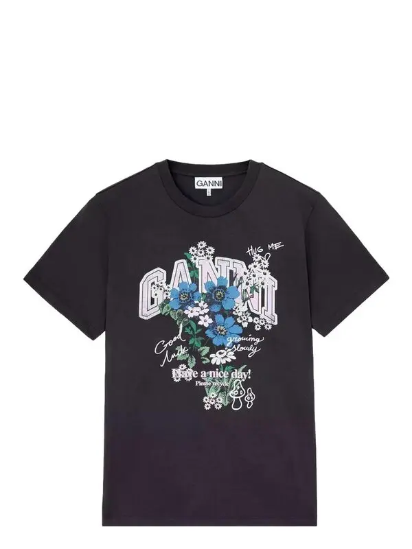 GANNI Floral Print Logo T-shirt - Black