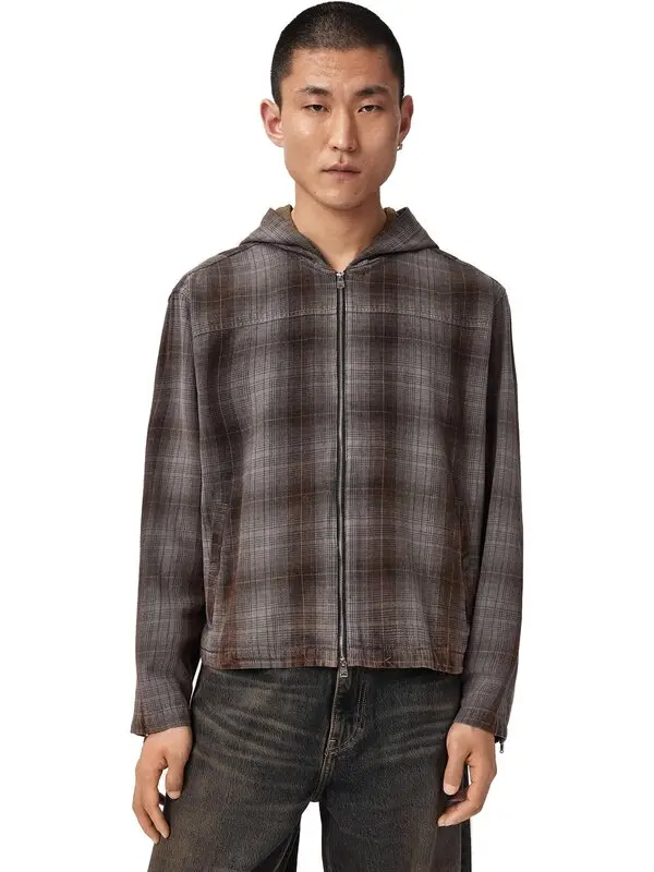ALLSAINTS Santo Check Zip Up Hooded Shirt - Grey