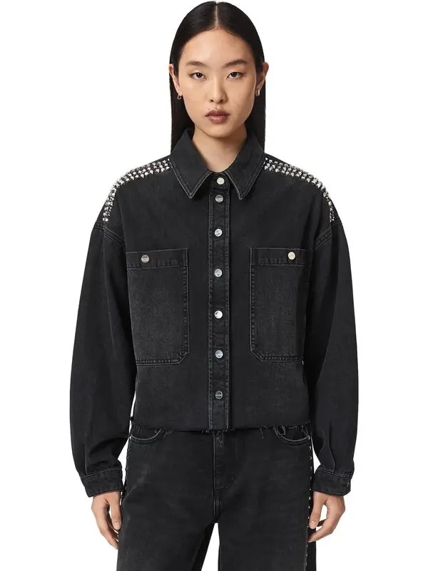 ALLSAINTS Nicky Studded Boxy Denim Jacket - Black