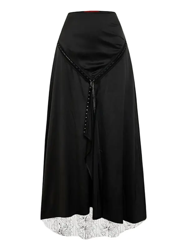PCFG Satin Maxi Skirt With Lace Panel And Slit - Black