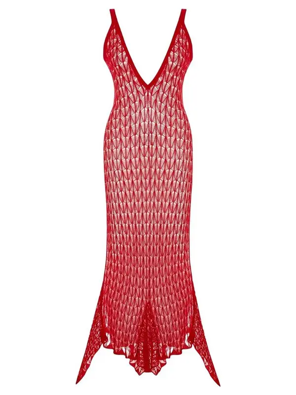 PCFG Solar Reflections Open Knit Maxi Beach Dress - Red