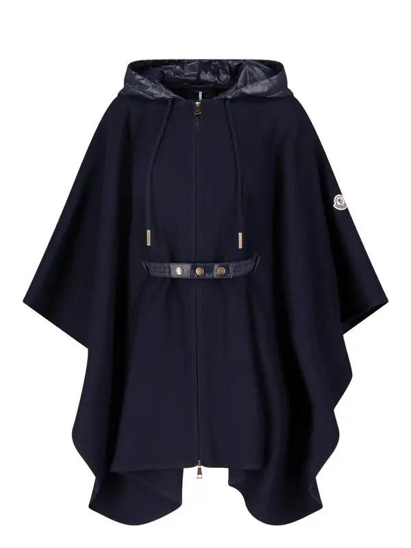 Moncler Wool Blend Cape With Hood And Belt - Blue