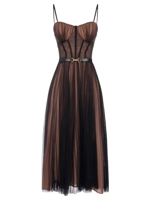 Elisabetta Franchi Bustier Belt Tulle Midi Dress - Black