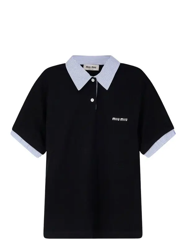 Miu Miu Short Sleeve Embroidered Logo Polo Shirt - Black