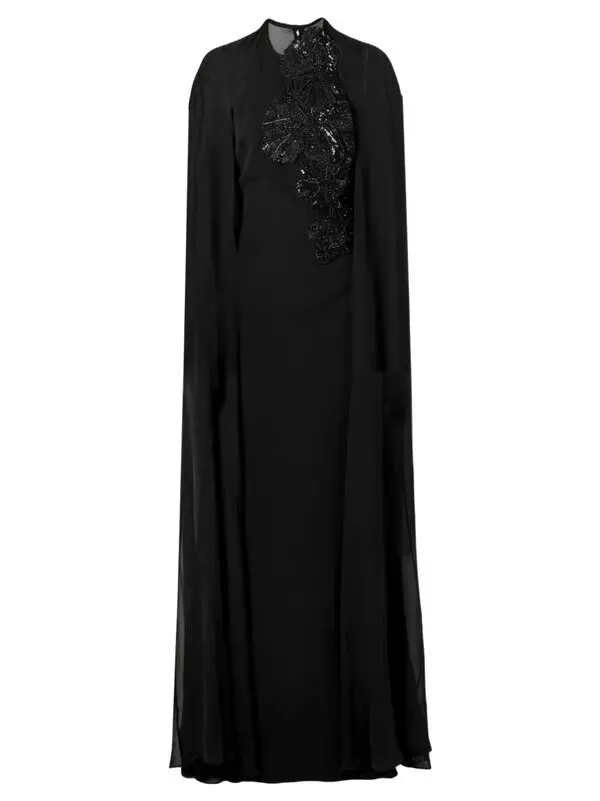 Elie Saab Stand Collar Maxi Dress With Sheer Cape Sleeves And Floral Appliqu - Black