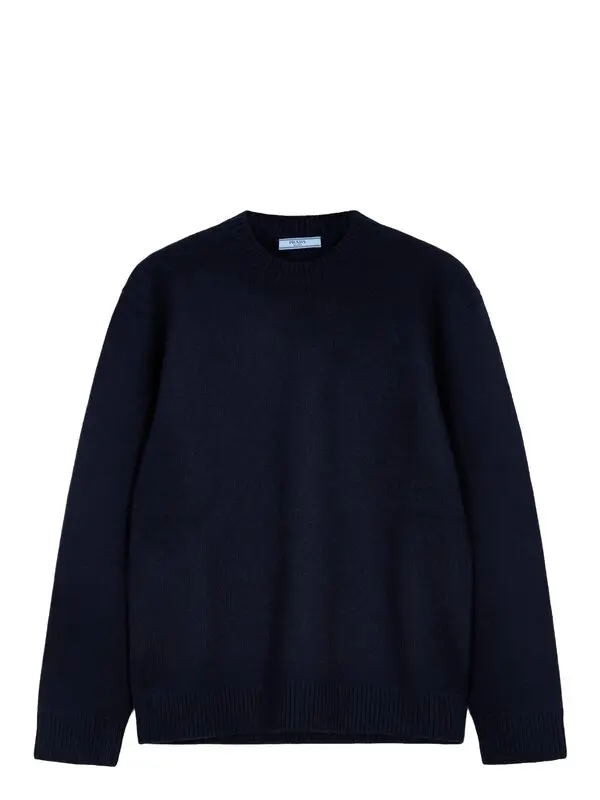 Prada Long-sleeved Crewneck Jumper With Ribbed Details And Suede Elbow Patches - Blue