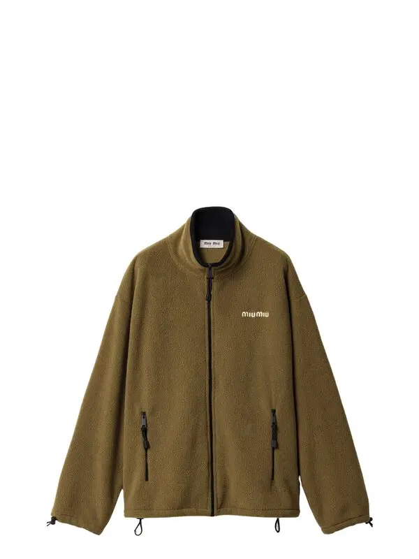 Miu Miu Fleece Zip-up Jacket With Embroidered Logo - Forest Green
