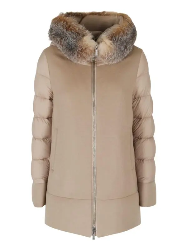 MOORER Long-sleeve Hooded Padded Jacket With Fur Trim - Hazelnut