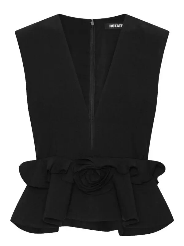 ROTATE BY BIRGER CHRISTENSEN Sleeveless V-neck Peplum Top With Floral Detail - Black