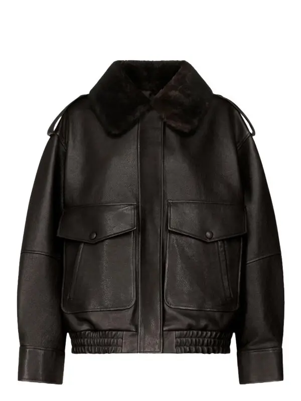 Loulou De Saison Russo Leather Bomber Jacket With Shearling Collar - Coffeedark