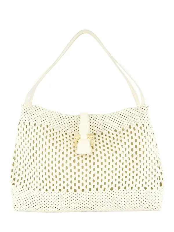FERRAGAMO Large Woven Tote Bag With Gancini Clasp - Cream