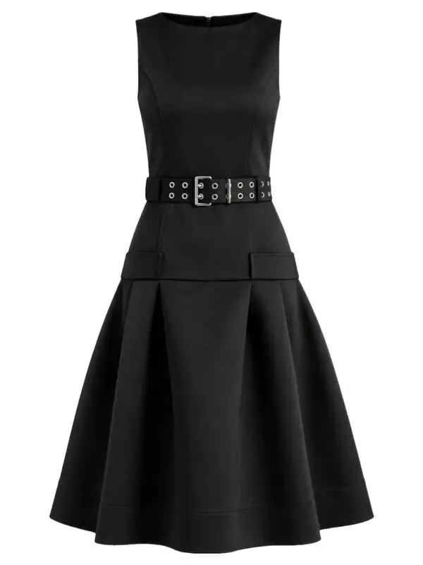 GANNI Belted Waist Pleated Midi Dress - Black