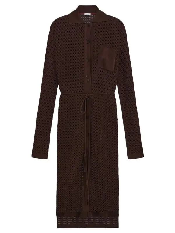 FERRAGAMO Knitted Shirt Dress With Ribbed Trims And Patch Pockets - Espresso