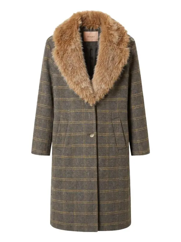 TWINSET Chequered Double Wool Coat With Faux-fur Trim - No