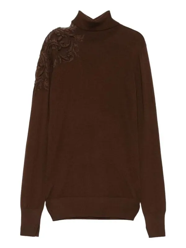 Ermanno Scervino Long-sleeved Lace-panelled High-neck Sweater - Brown