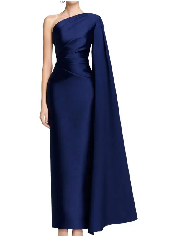 Solace One-shoulder Maxi Dress With Asymmetric Waist Pleats - Navy Blue