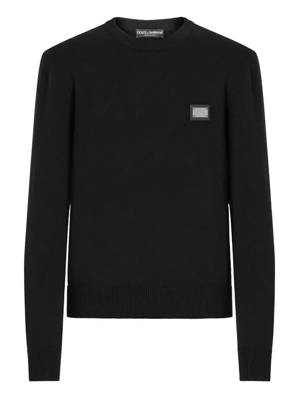 Dolce & Gabbana Wool Round-neck Sweater With Branded Plaque - Black