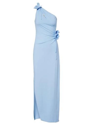Coperni Asymmetrical Knit Gown With Floral Appliqués - Blue