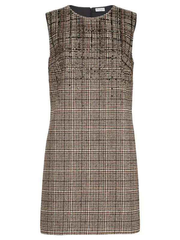 Brunello Cucinelli Checked Alpaca And Wool Mini Dress With Sequined Embellishment - Brown