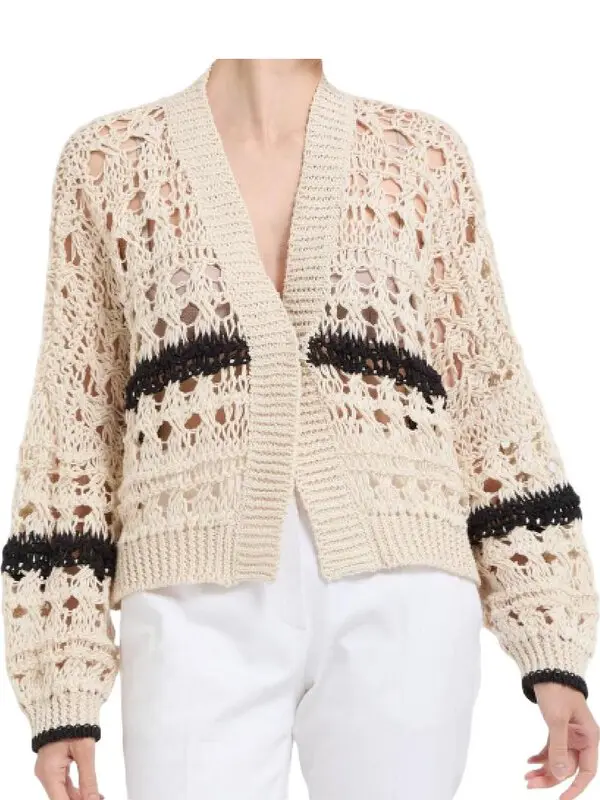 Brunello Cucinelli Long Sleeve Crochet Knit Cardigan With Contrast Detailing - Nude