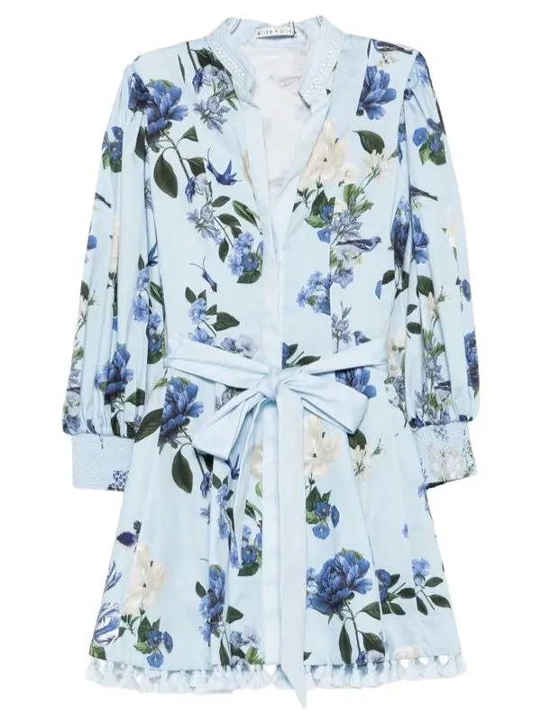 ALICEOLIVIA Alice + Olivia Floral Print Puff Sleeve Mini Shirt Dress - Blue