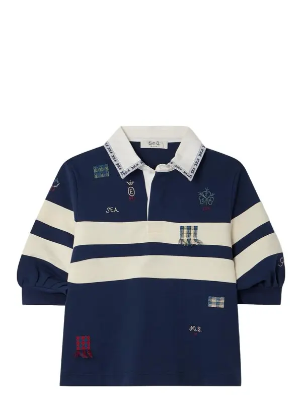Sea Striped Cropped Rugby Polo Shirt - Black