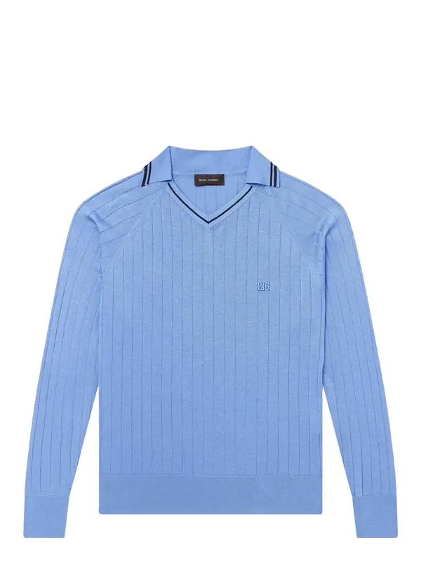 WALES BONNER Roots Logo-embroidered Knitted Polo Shirt - Blue