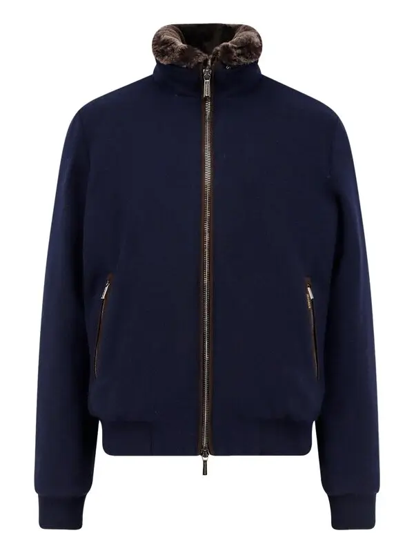 MOORER Wool And Cashmere Bomber Jacket With Fur Detail - Blue