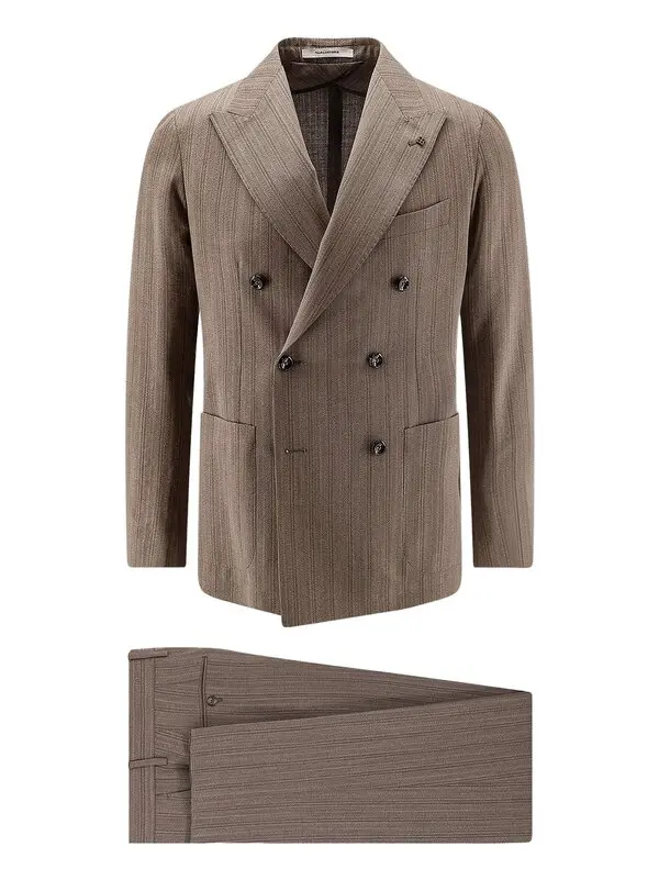 Tagliatore Doublebreasted Virgin Wool Suit With Herringbone Pattern - Beige