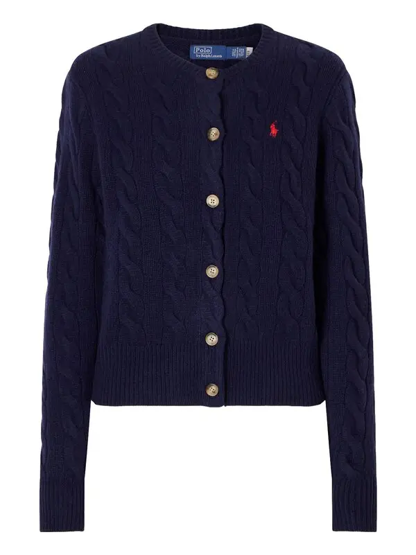 Polo Ralph Lauren Wool And Cashmere-blend Cable Knit Cardigan With Embroidered Logo - Blue