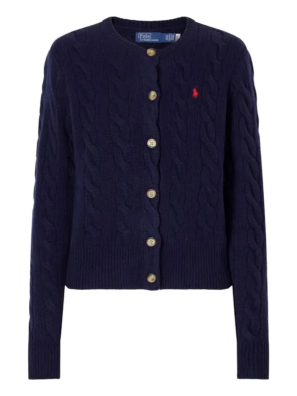 Polo Ralph Lauren Wool And Cashmere-blend Cable Knit Cardigan With Embroidered Logo - Navy