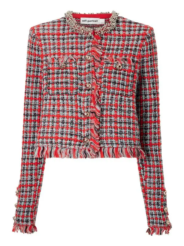 SELF-PORTRAIT Embellished Cotton And Wool-blend Bouclé-knit Cropped Jacket With Frayed Edges - Red