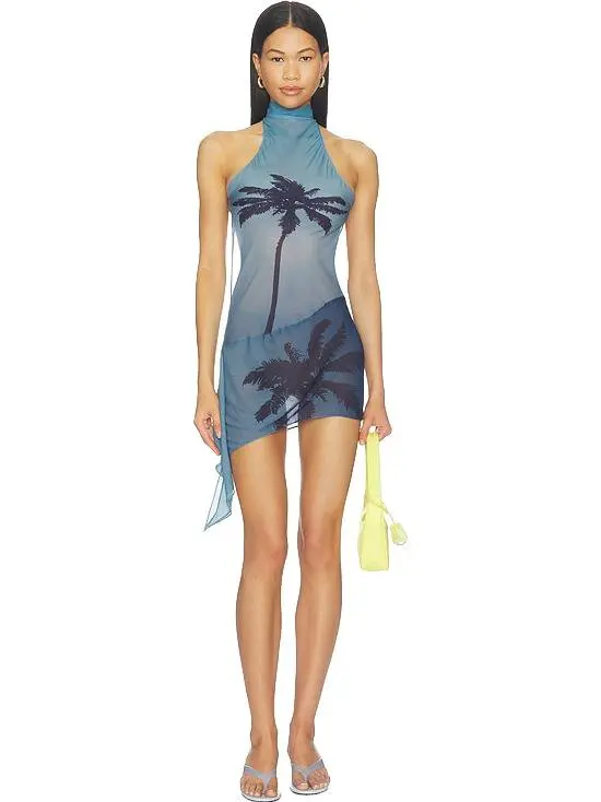 1XBLUE Palm Twist Back Mini Dress - Blue